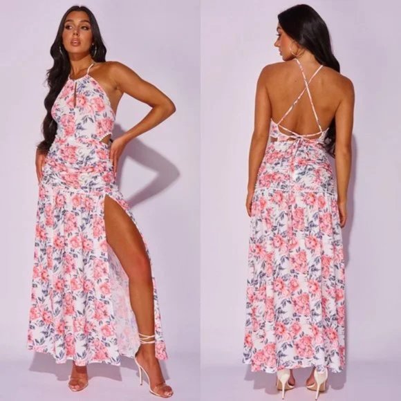 Dresses | White Floral Print Sleeveless Halter Neck Backless Front Slit ...